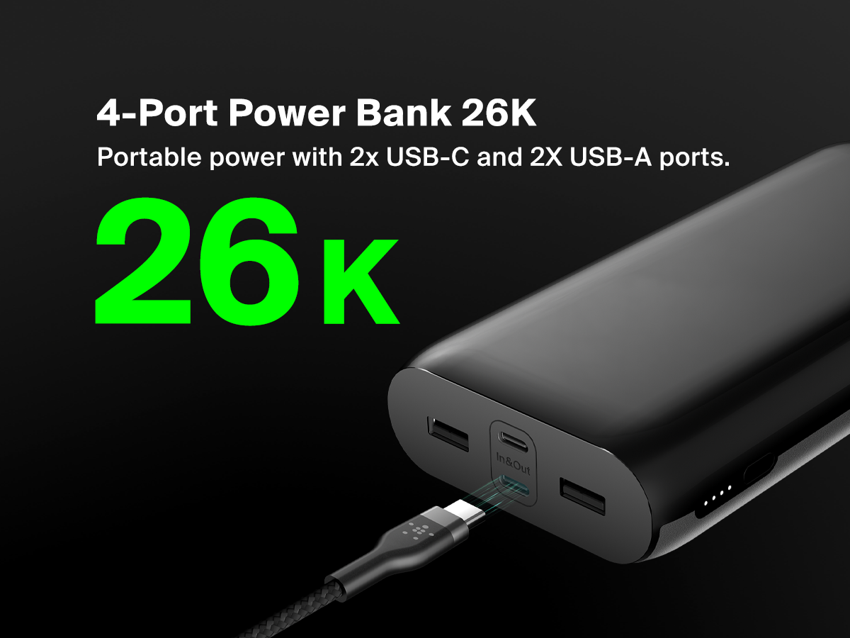 Belkin BPB016btBK BoostCharge 32W PD PPS 4-Port Power Bank 26K (phone ...