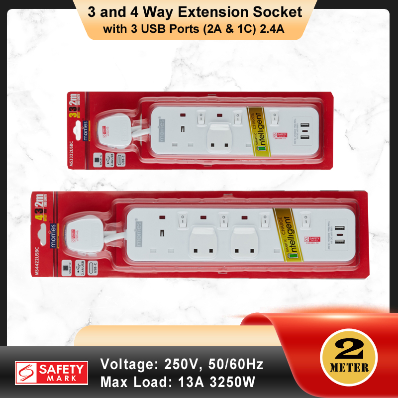 3 and 4 Way Extension Socket with 3 USB Ports (2A & 1C) 2.4A | Shopee ...