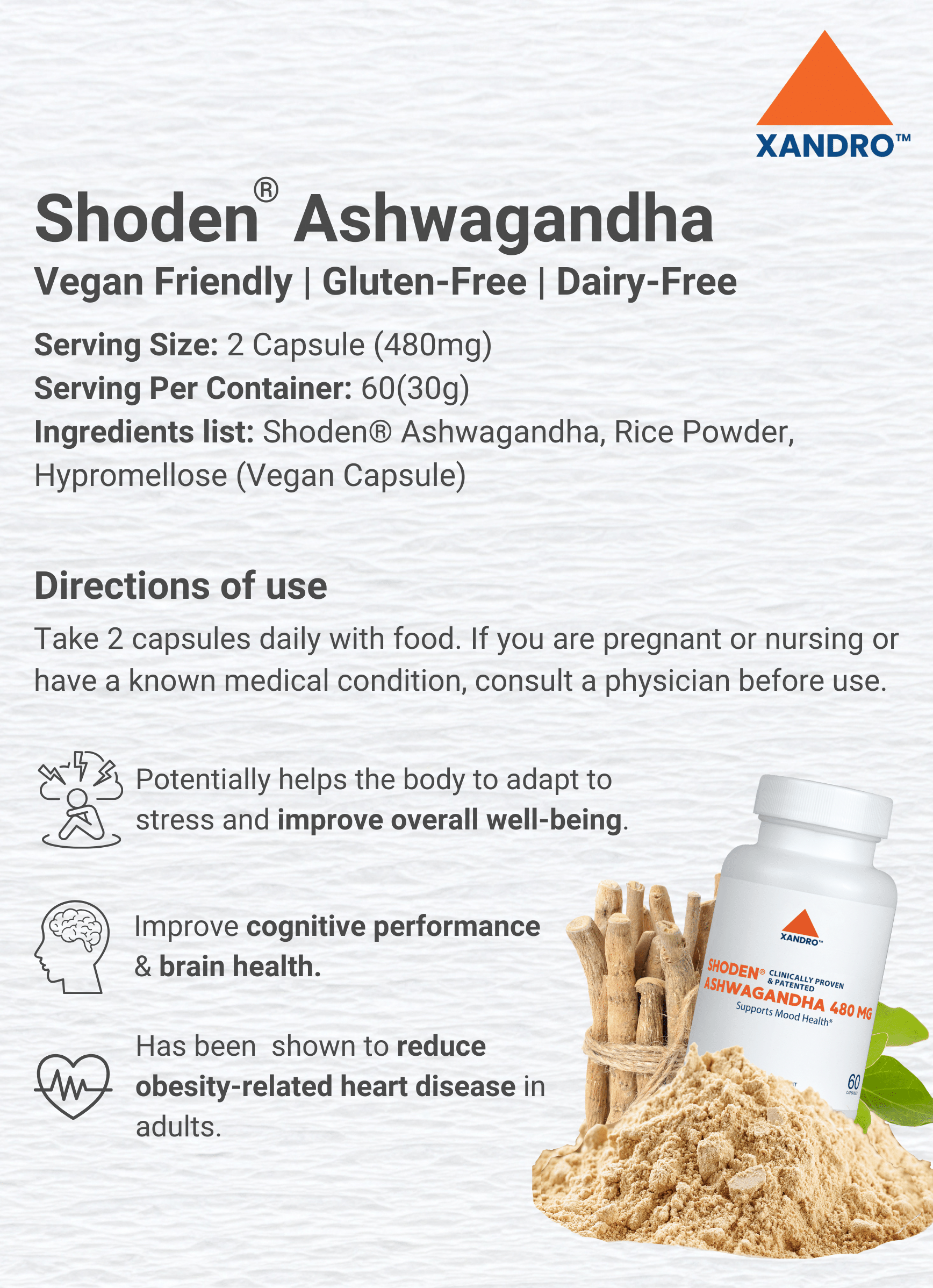 Xandro Lab Shoden® Ashwagandha 480mg [Pack of 3] - Improve Attention ...