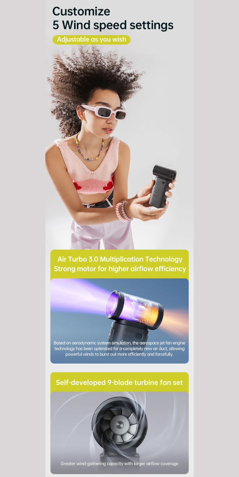 JISULIFE Portable Mini Jet Fan Life9 3600mAh/5000mAh Cooling Handheld ...