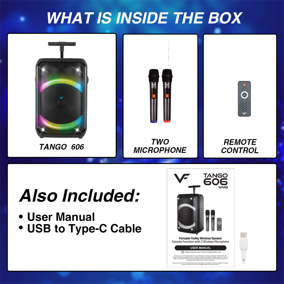 VINNFIER TANGO 600 WMV Portable Trolley Bluetooth Speaker RGB Lights, with 2 Wireless Microphone ...