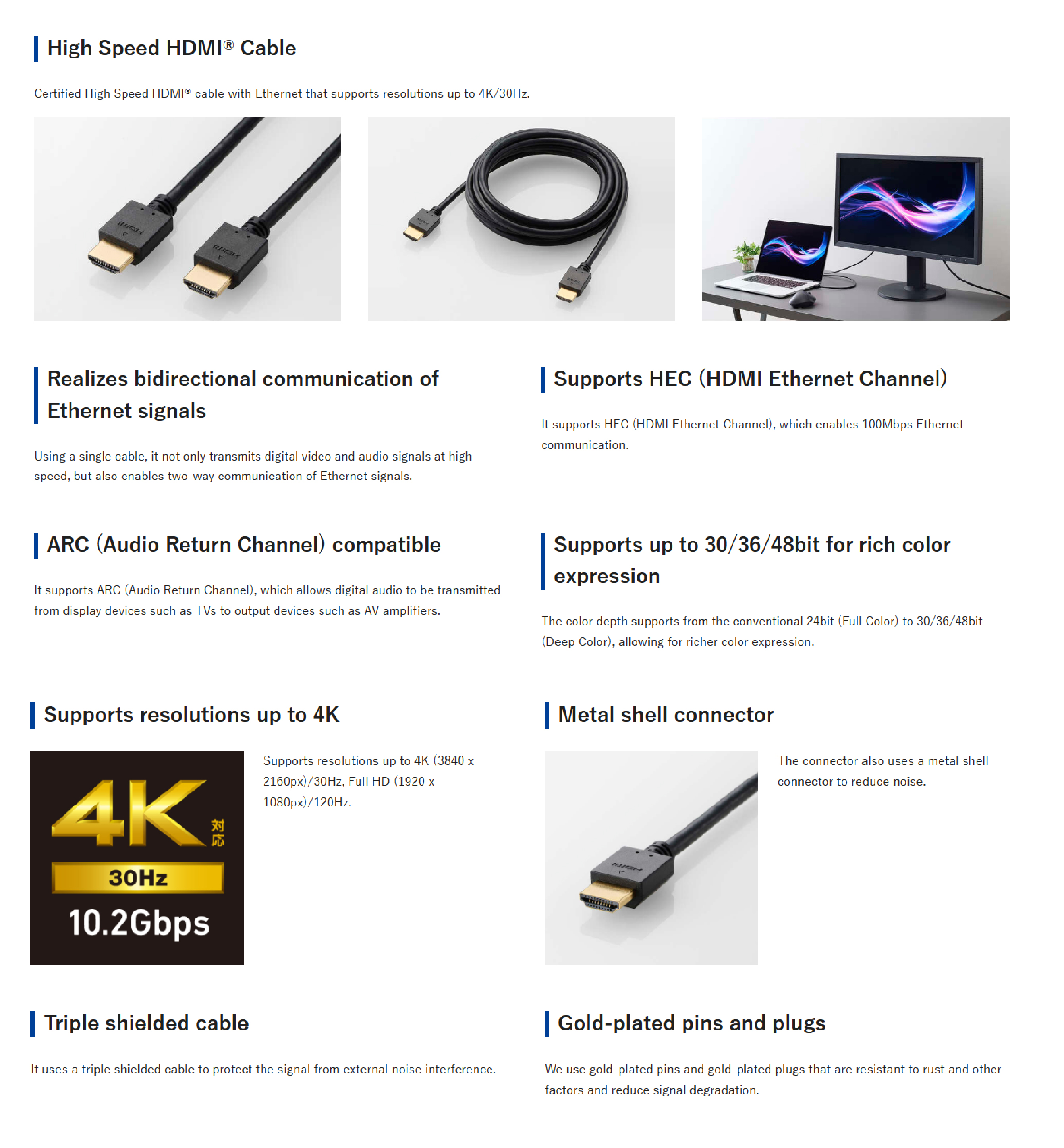 ELECOM DH-HD14EBK2 HDMI Cable/High Speed/4K/30Hz/ARC Compatible/Ethernet Certified/Gold Plated ...