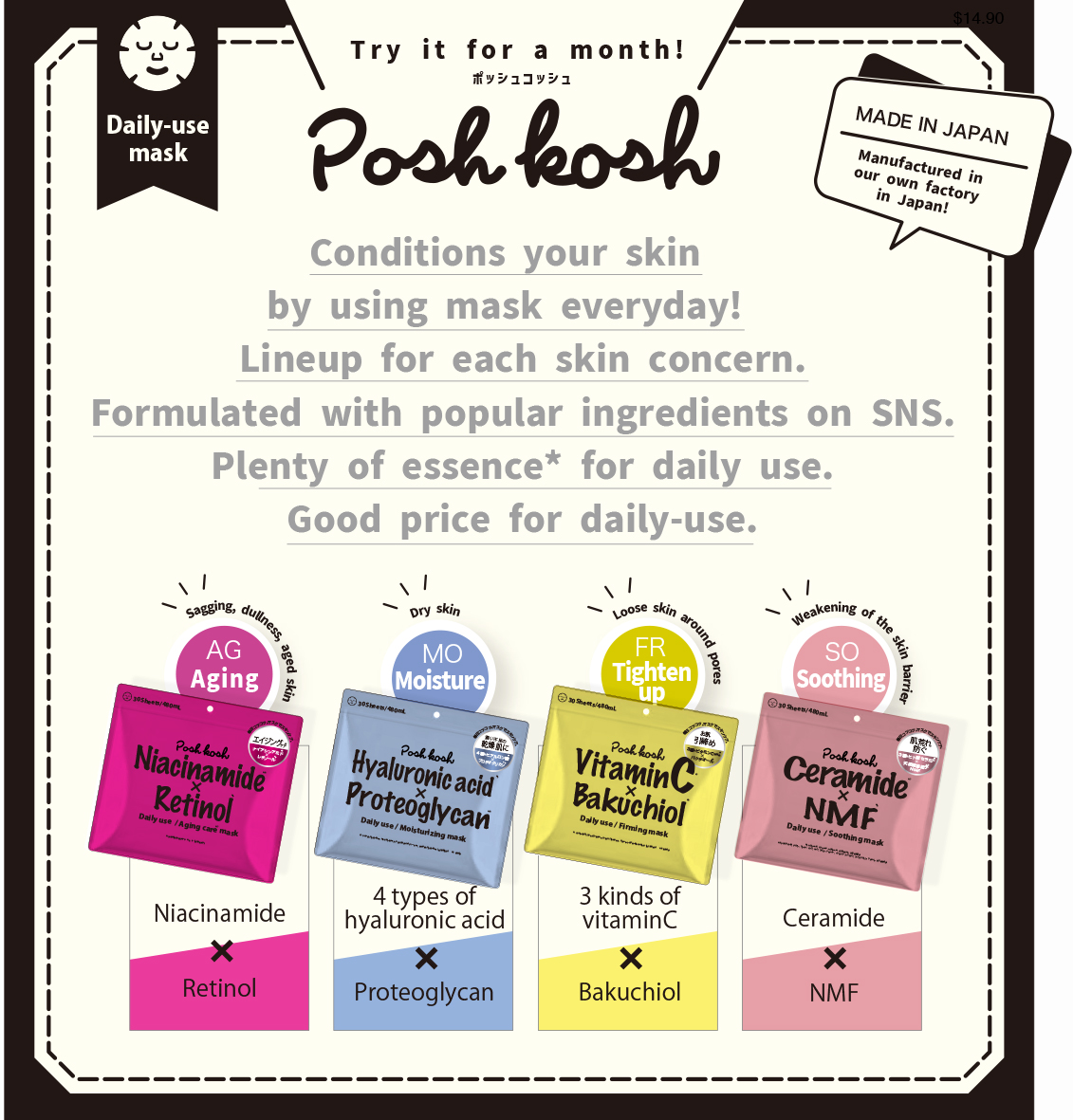 [30 Sheets] Posh Kosh Mask - Retinol | Hyaluronic | Vitamin C ...