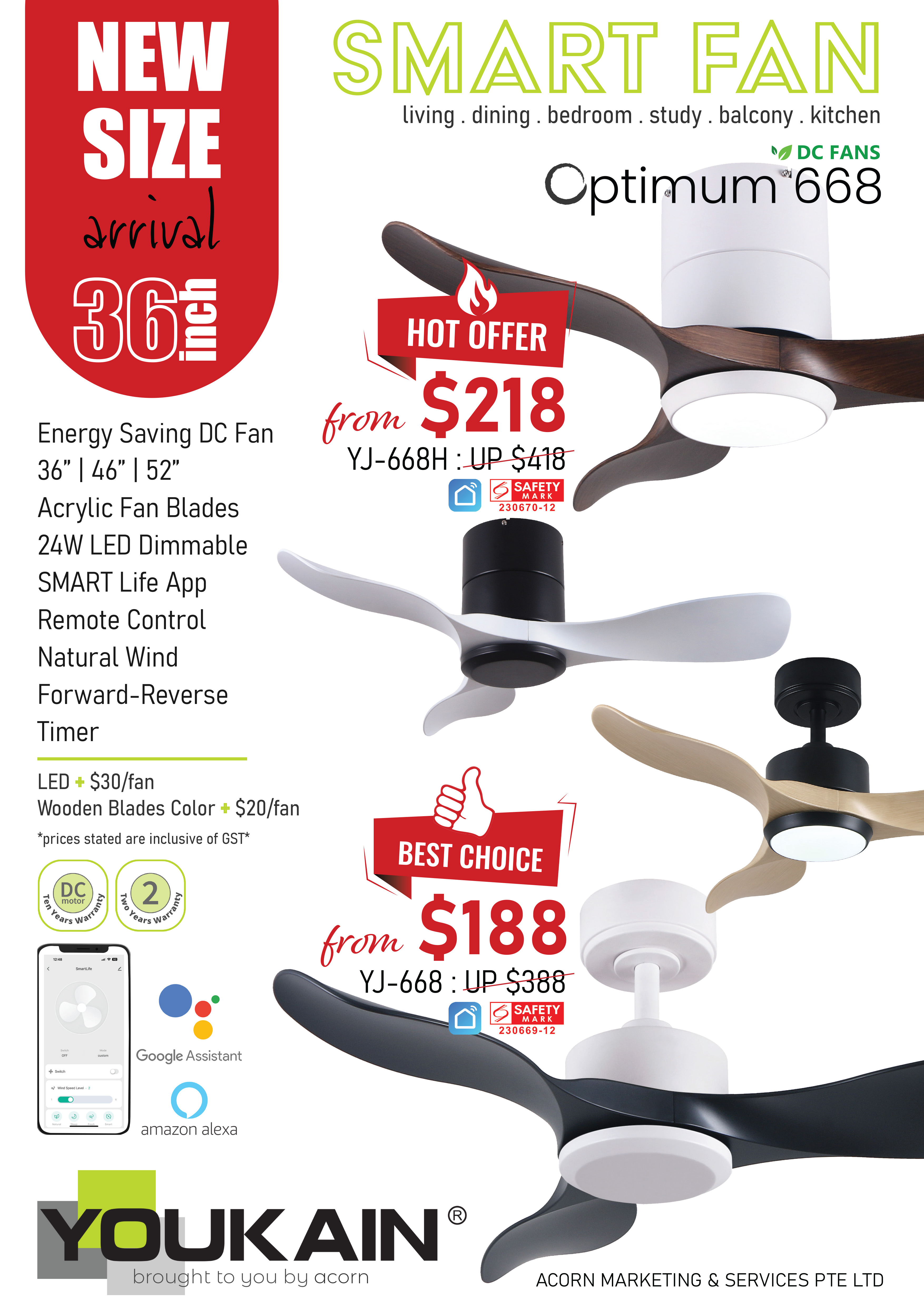 YOUKAIN by Acorn Optimum YJ-668H Hugger DC Smart Ceiling Fan 36" / 46 ...