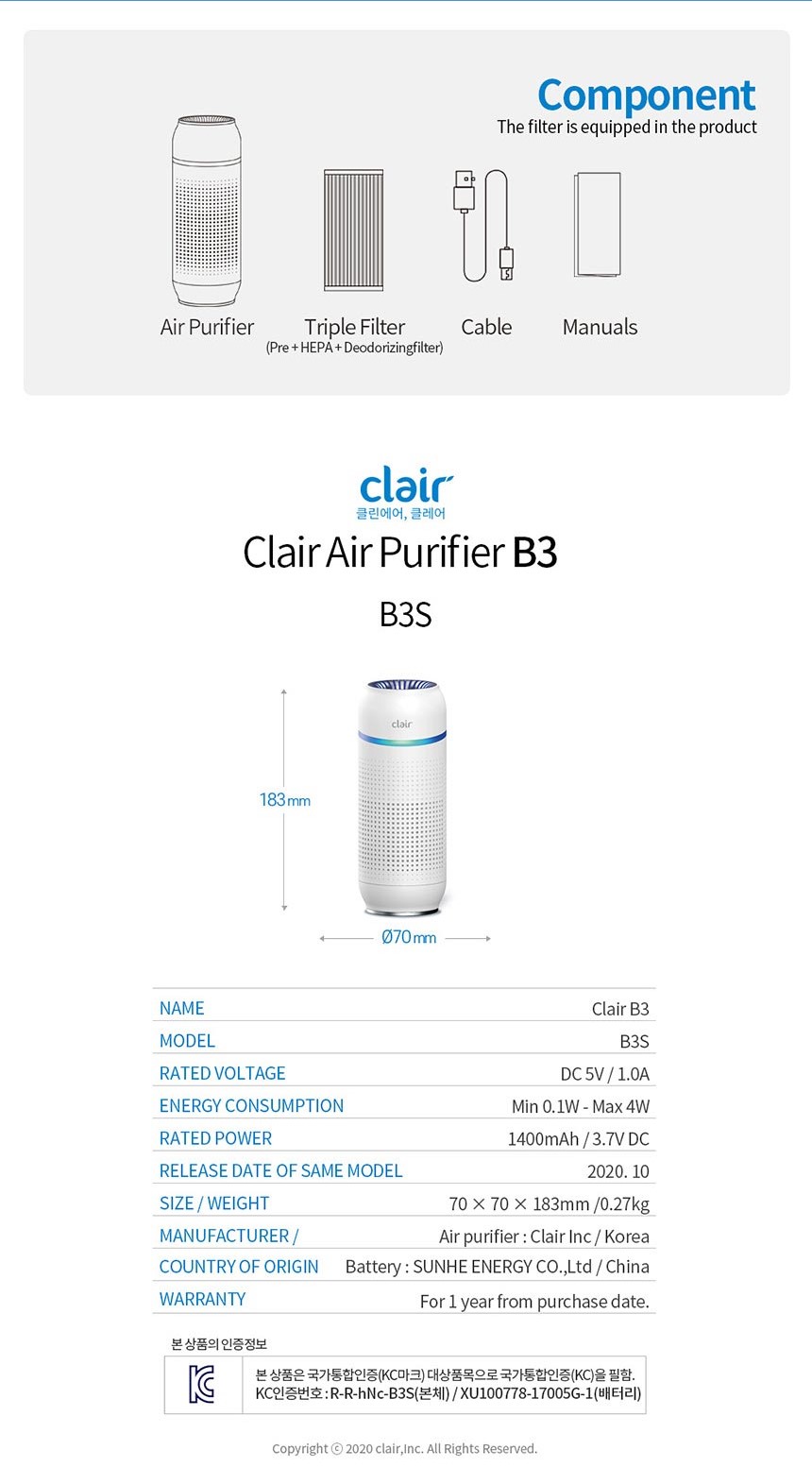 [CLAIR] B3S Portable, Rechargeable Air Purifier with UV LED Sterilizer ...