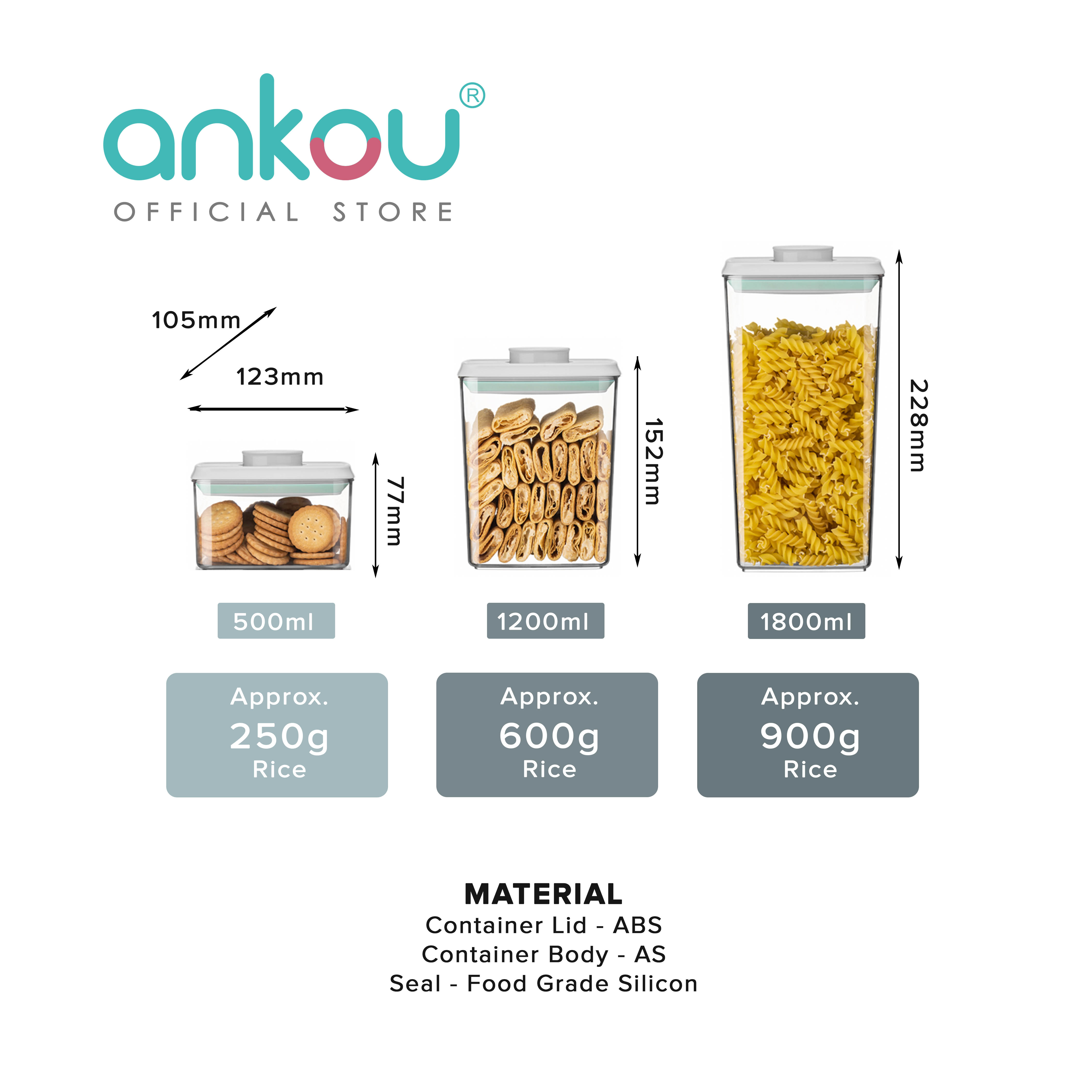 ANKOU AirTight Food Container - Rectangle Clear Set (3 Pcs Set / 5 Pcs ...