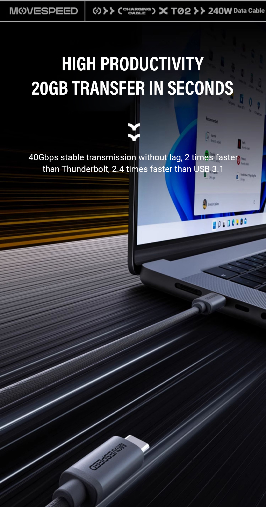 MOVESPEED MSC01 240W USB-C to USB-C Cable – 40Gbps High-Speed Data Transfer, PD 3.1 Fast ...