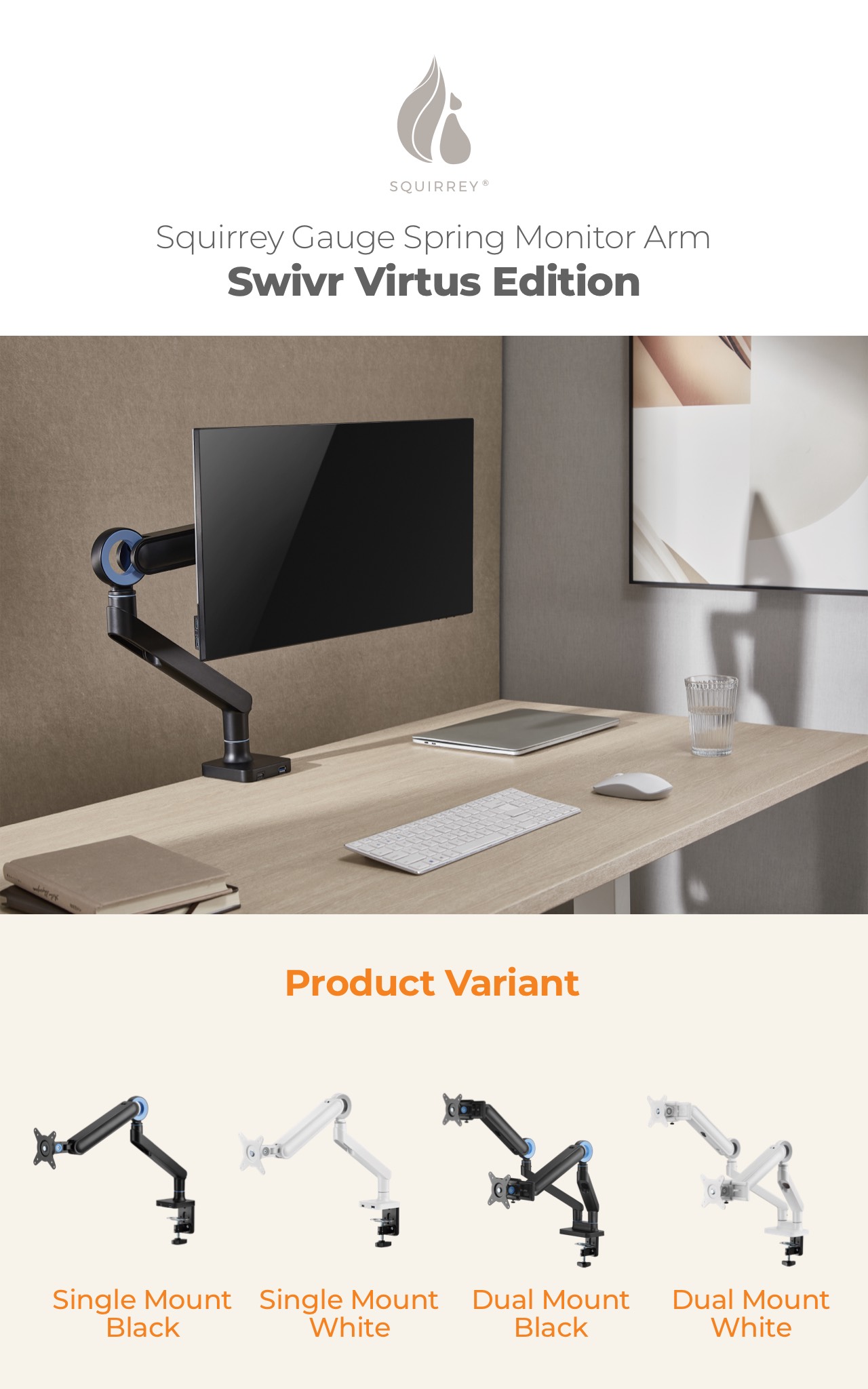 Squirrey Swivr Virtus Gauge Spring Monitor Arm [VESA, USB, MultiRange Rotate, ≤10.5kg, ≤35 ...
