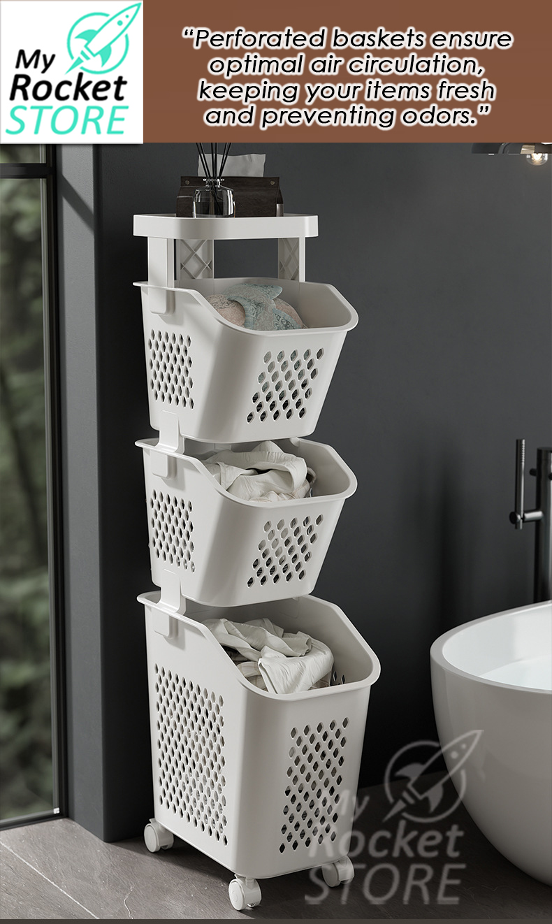 Multi-Tier Storage Basket with Wheels - Stackable Organizer for Laundry ...