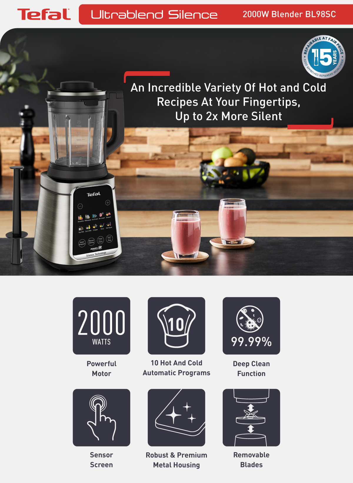 Tefal Ultrablend Silence Heating High Speed Blender BL98SC - 2000W, Hot & Cold, Silent Tech ...