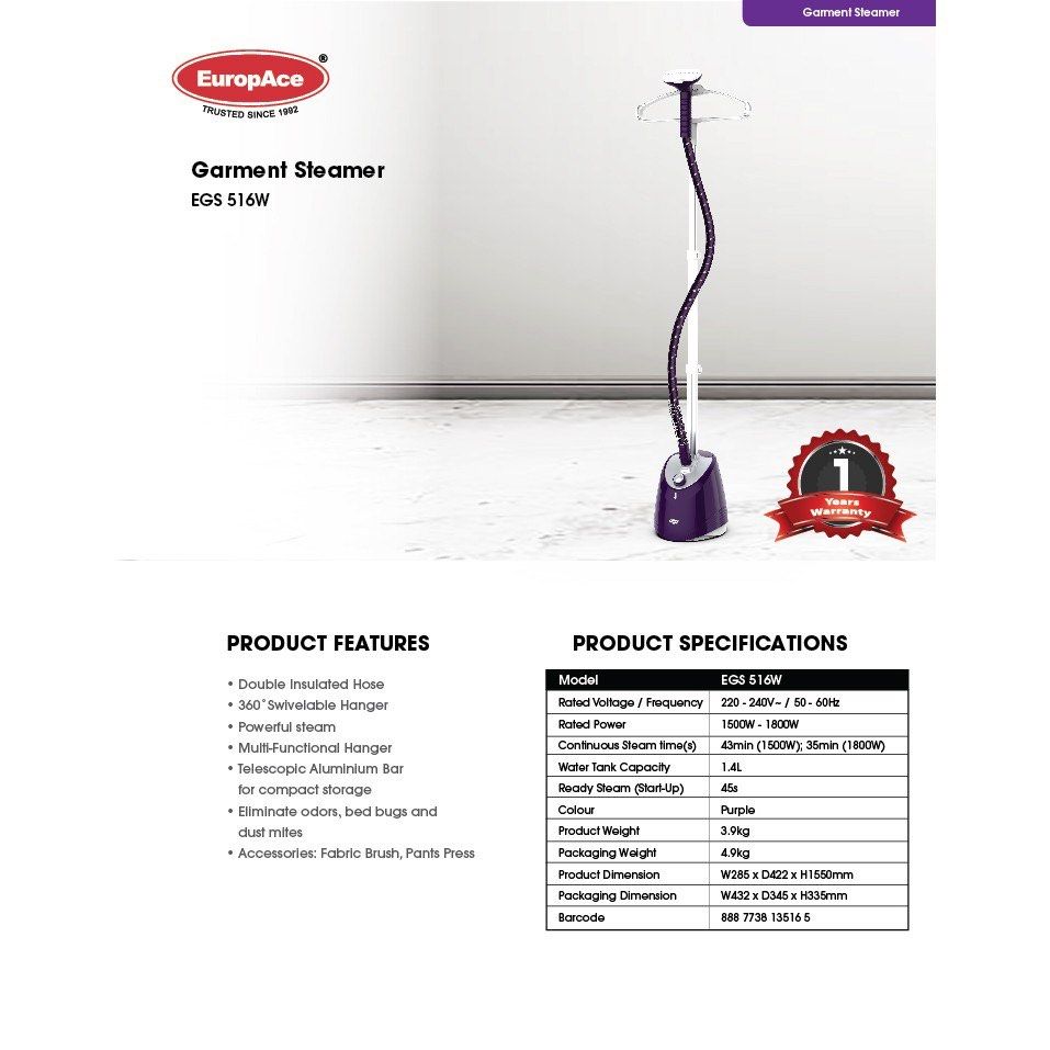 EuropAce EGS 516W : POWERFUL GARMENT STEAMER w DOUBLE INSULATED HOSE ...