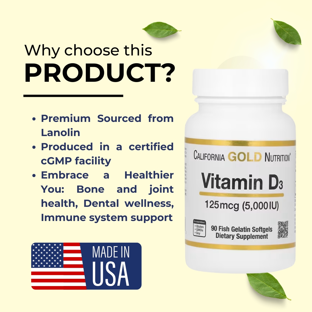 California Gold Nutrition, Vitamin D3, 125/50 mcg (5,000/2000 IU), 90 ...