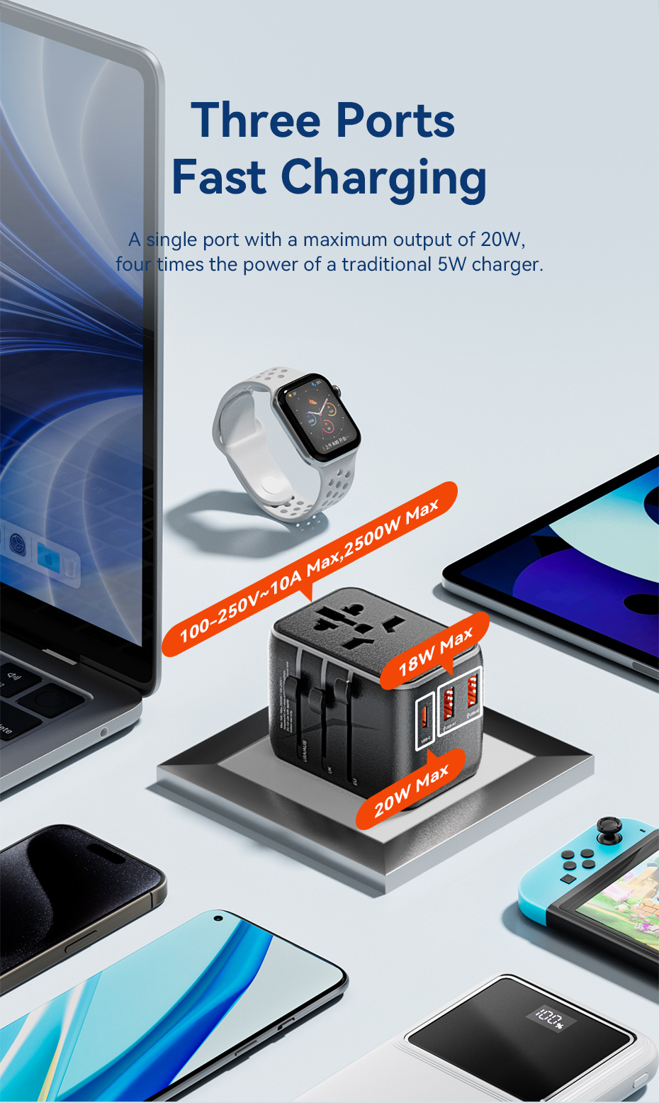 Vention Universal Travel Adapter PD 20 | 65W All in One Worldwide Travel Adapter Wall Charger AC ...