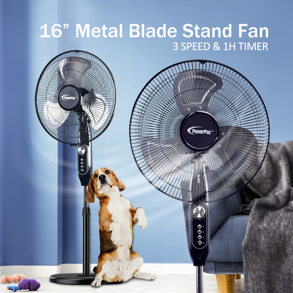 PowerPac 16" Stand Fan – Metal Blades, Powerful Airflow, Adjustable ...