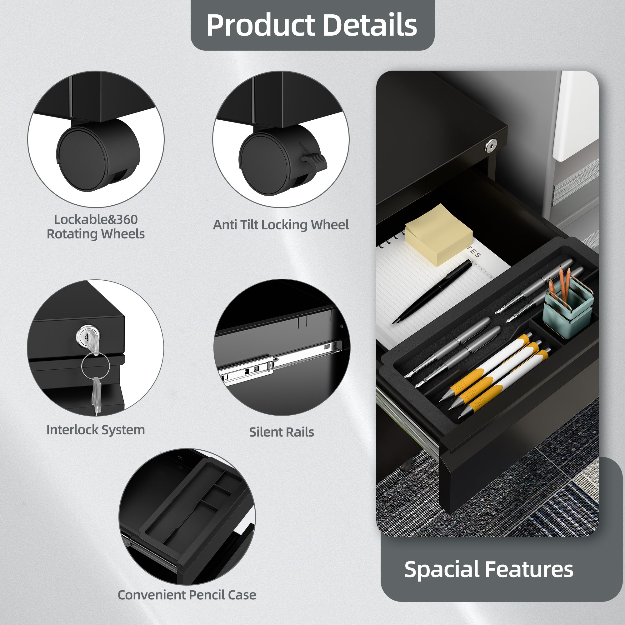 Filex 3 Drawer Mobile Pedestal Cabinet Black Home Office Workstation ...