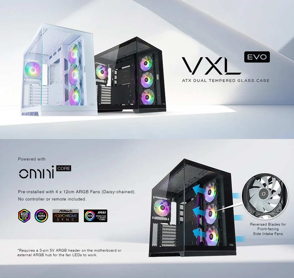 TECWARE VXL EVO ARGB x4 Fans / VXL TEMPERED GLASS DUAL CHAMBER ATX CASE ...
