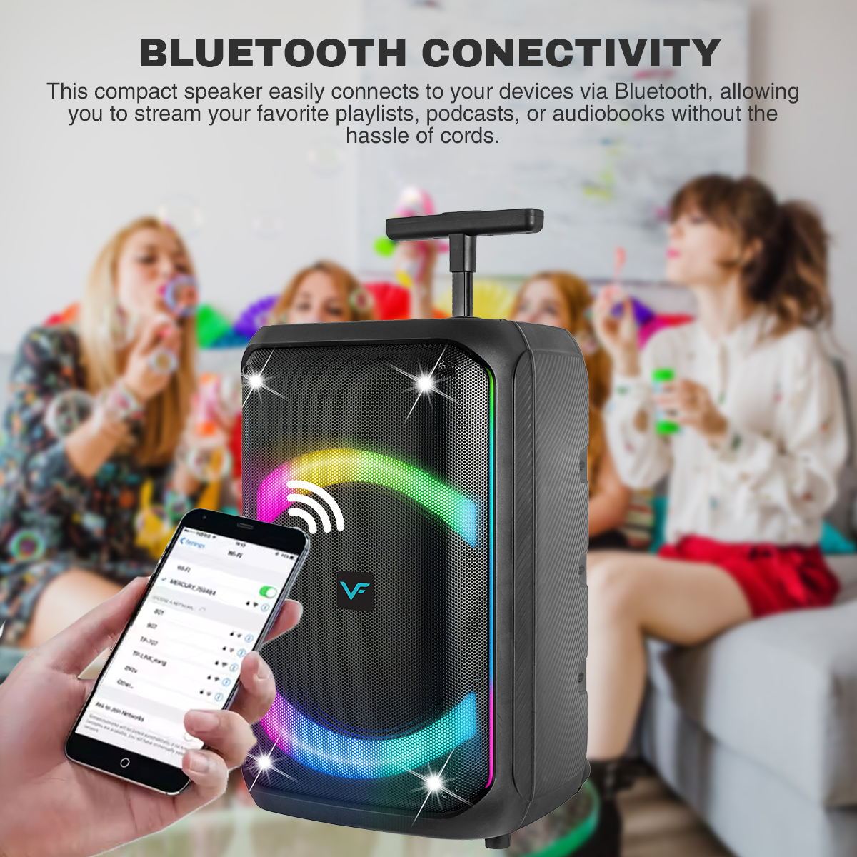 VINNFIER TANGO 600 WMV Portable Trolley Bluetooth Speaker RGB Lights, with 2 Wireless Microphone ...