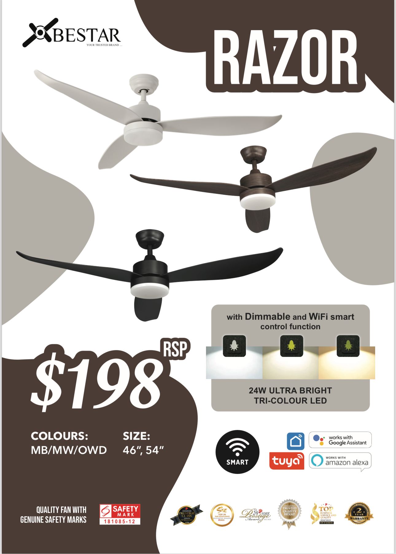 BESTAR Razor 46" 54" Smart WIFI DC Motor Ceiling Fan with Remote ...