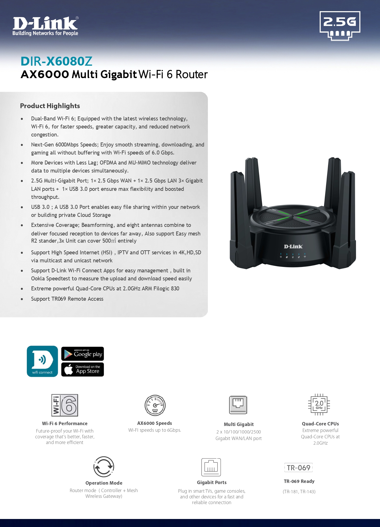 D-Link WiFi 6 DIR-X6080Z AX6000 2.5G Multi Gigabit LAN High Power Wifi ...
