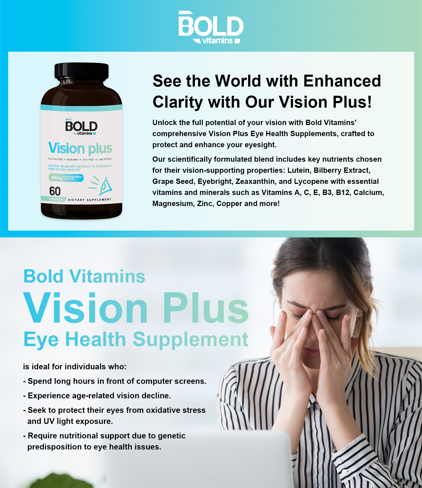 Bold Vitamins Vision Plus Eye Health Supplement (60 Caps) Lutein ...