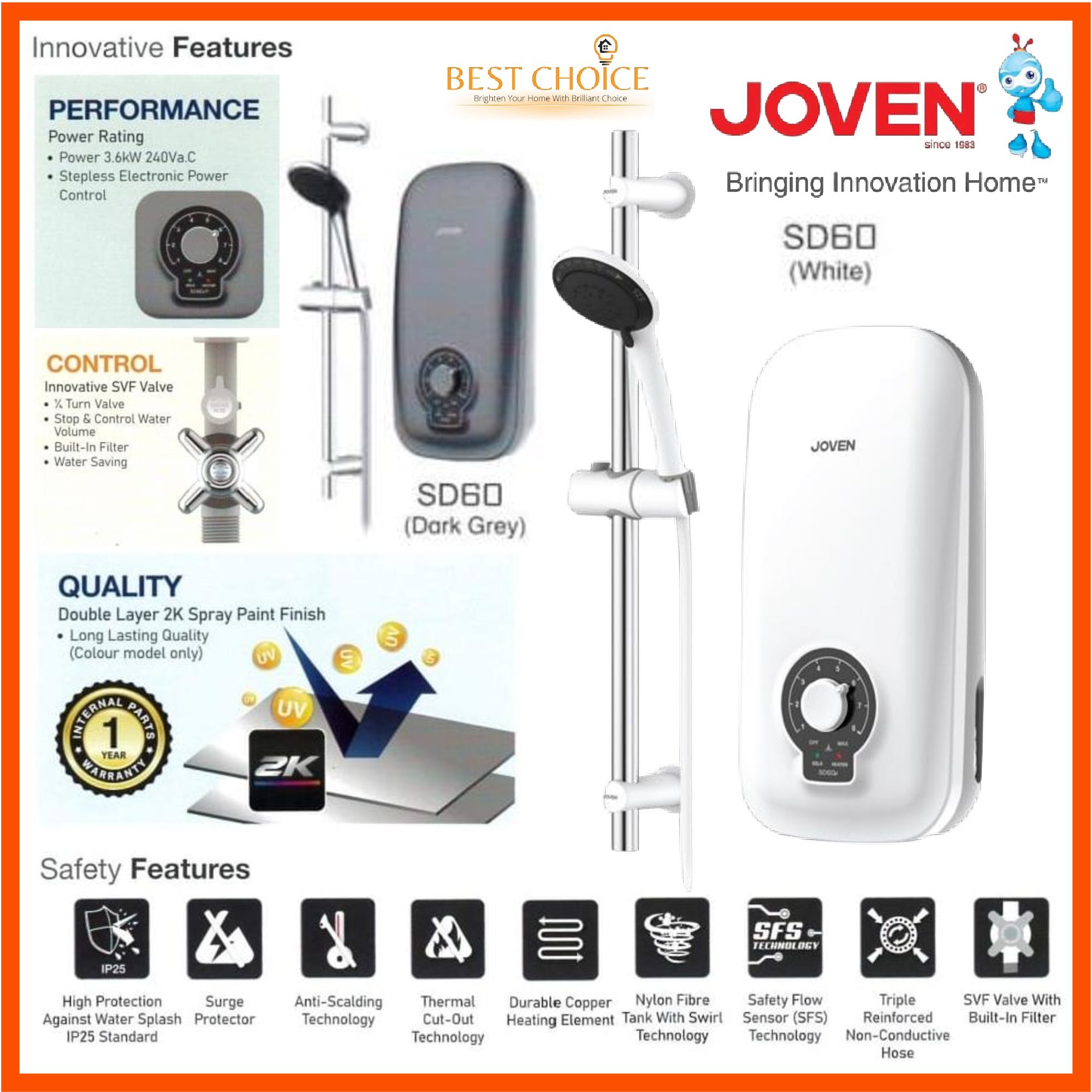 NEW ARRIVED !!! JOVEN SD60 White | SD60 Dark Grey Instant Water Heater | Shopee Singapore