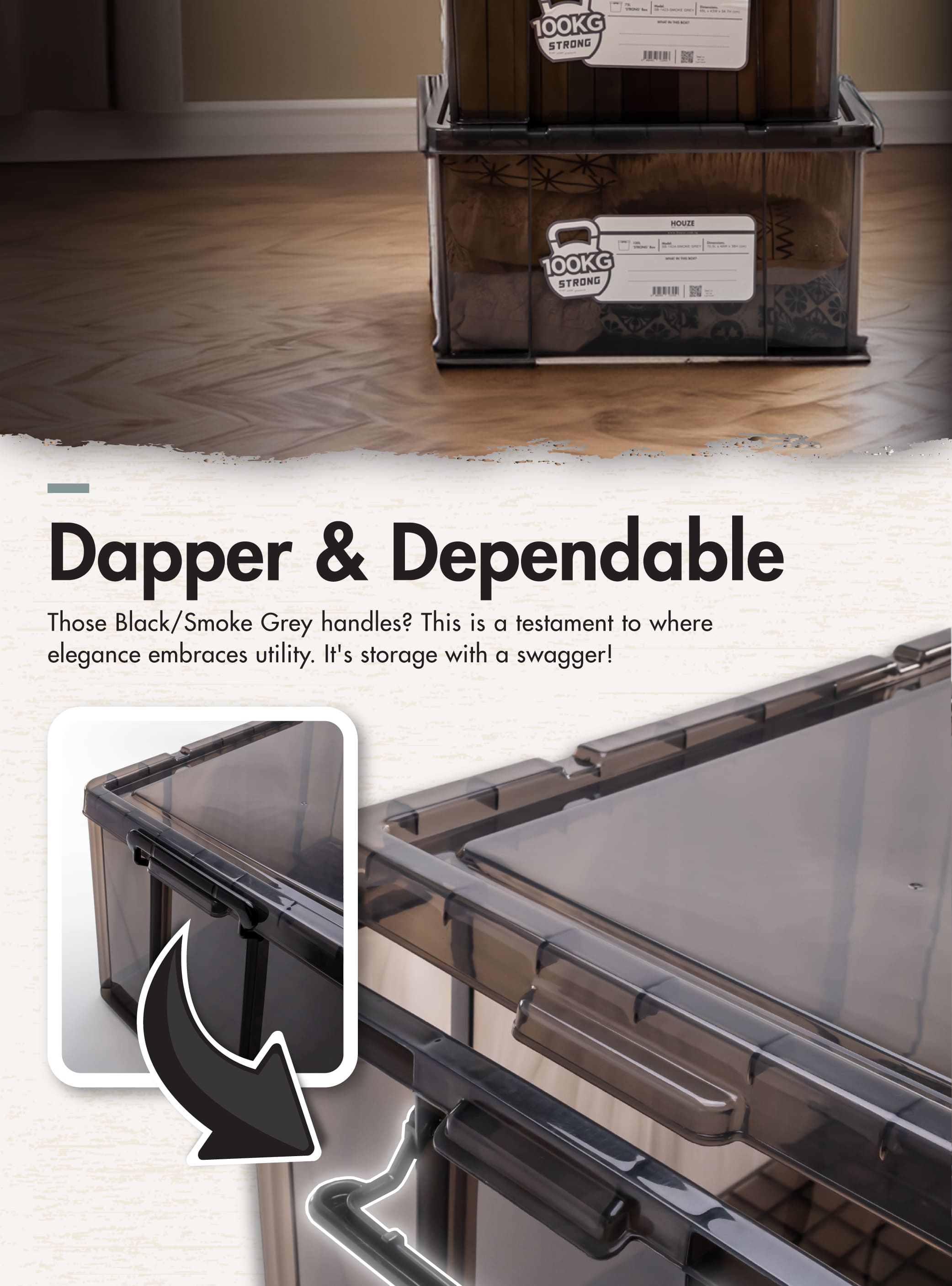 [HOUZE] 'STRONG' Storage Box 4 Sizes 30L|44L|75L|100L (Smoke Grey ...