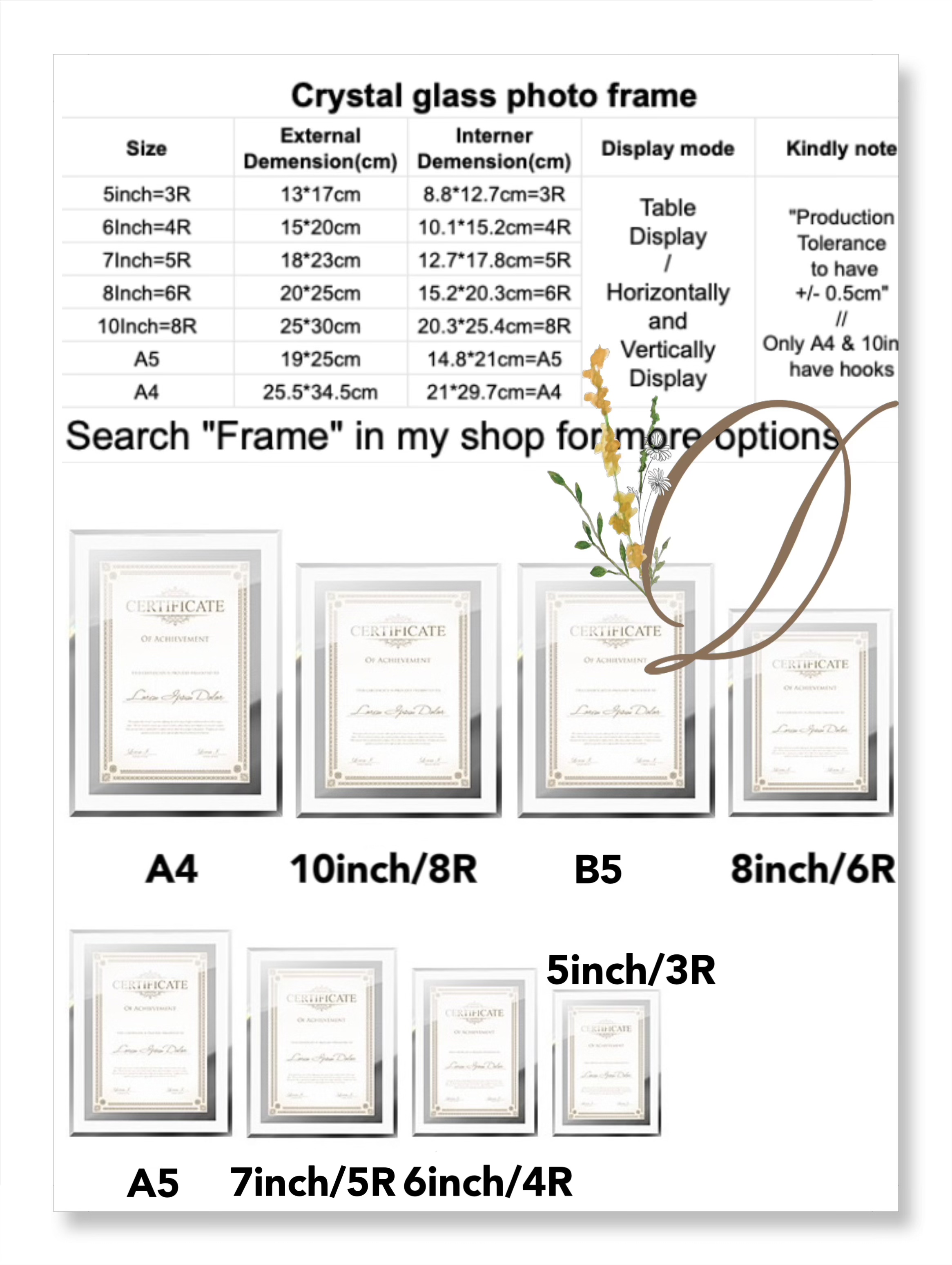 SG stock 4R 5R 8R A5 A4 Crystal Glass Certificate Photo frame Wedding photos Graduation ...