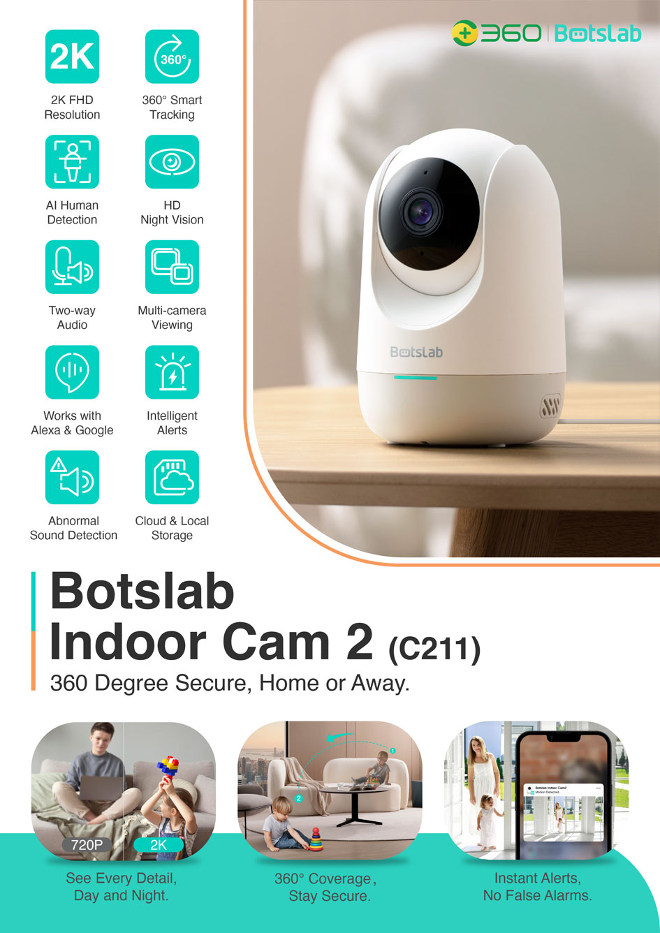 BOTSLAB C211 WiFi Camera 2K Resolution 360 Degree Rotation Motion ...