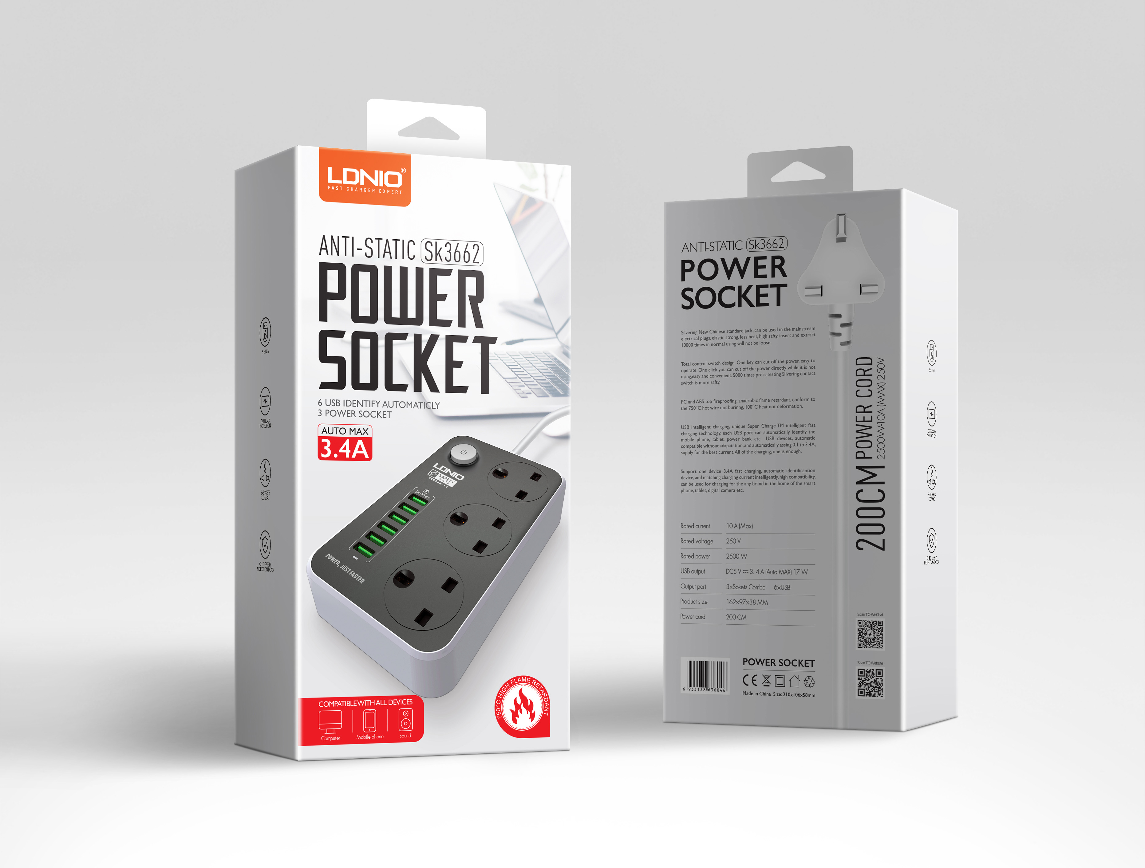 LDNIO Power Socket with UK 3 Pin +6 USB Fast Charger 250V/2500W/10A ...