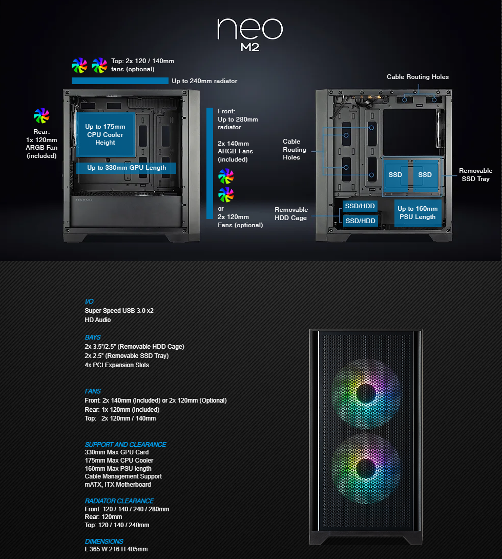 TECWARE NEO M2 HIGH AIRFLOW MATX CASING | STEEL/BLACK/BLACK ARGB/WHITE ...