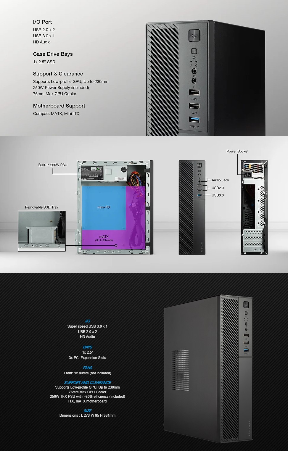 TECWARE CORE MINI SFF PC CASE WITH BUILT IN 250W PSU POWER SUPPLY UNIT ...