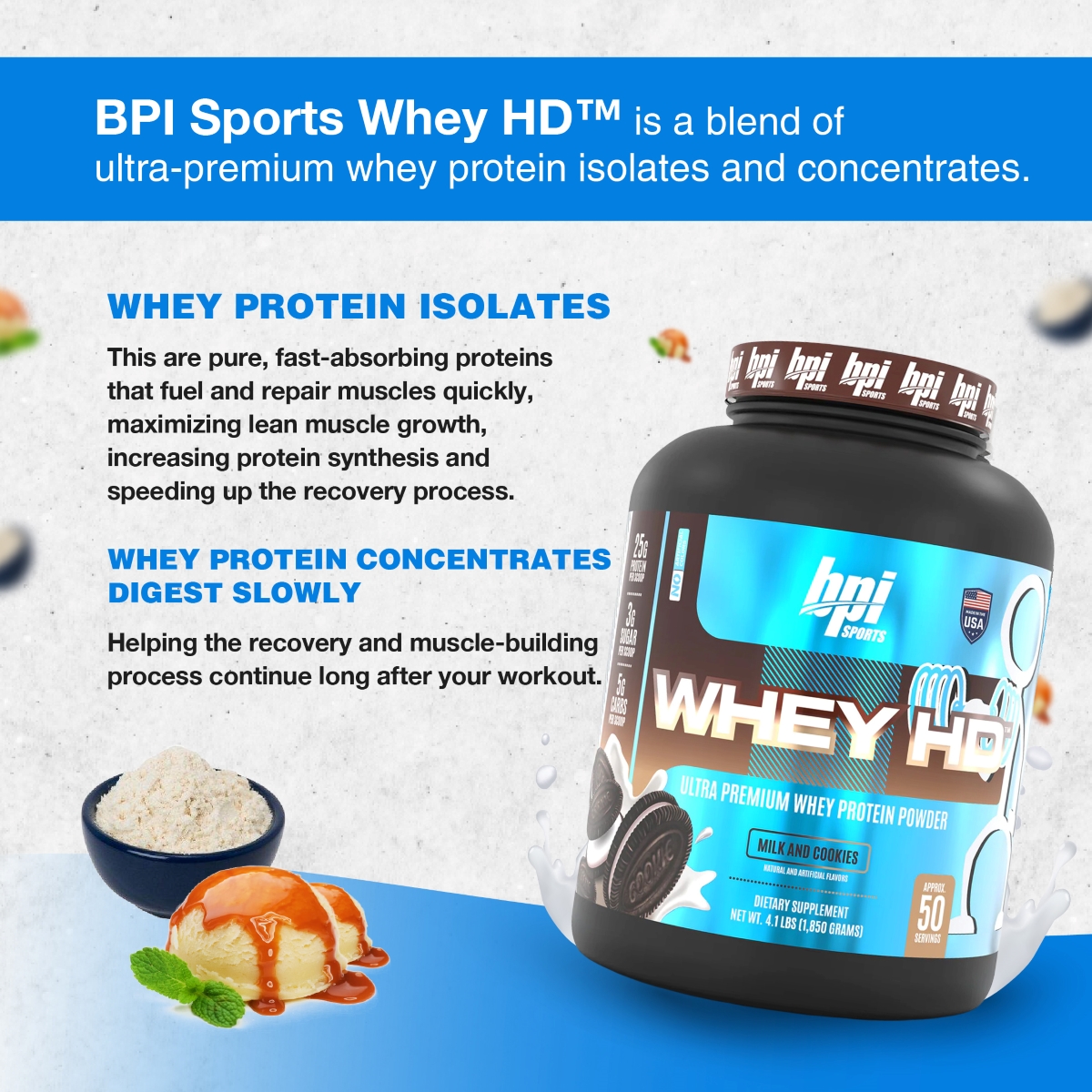 BPI Sports, Whey HD, Ultra Premium Whey Protein Powder, Recovery ...