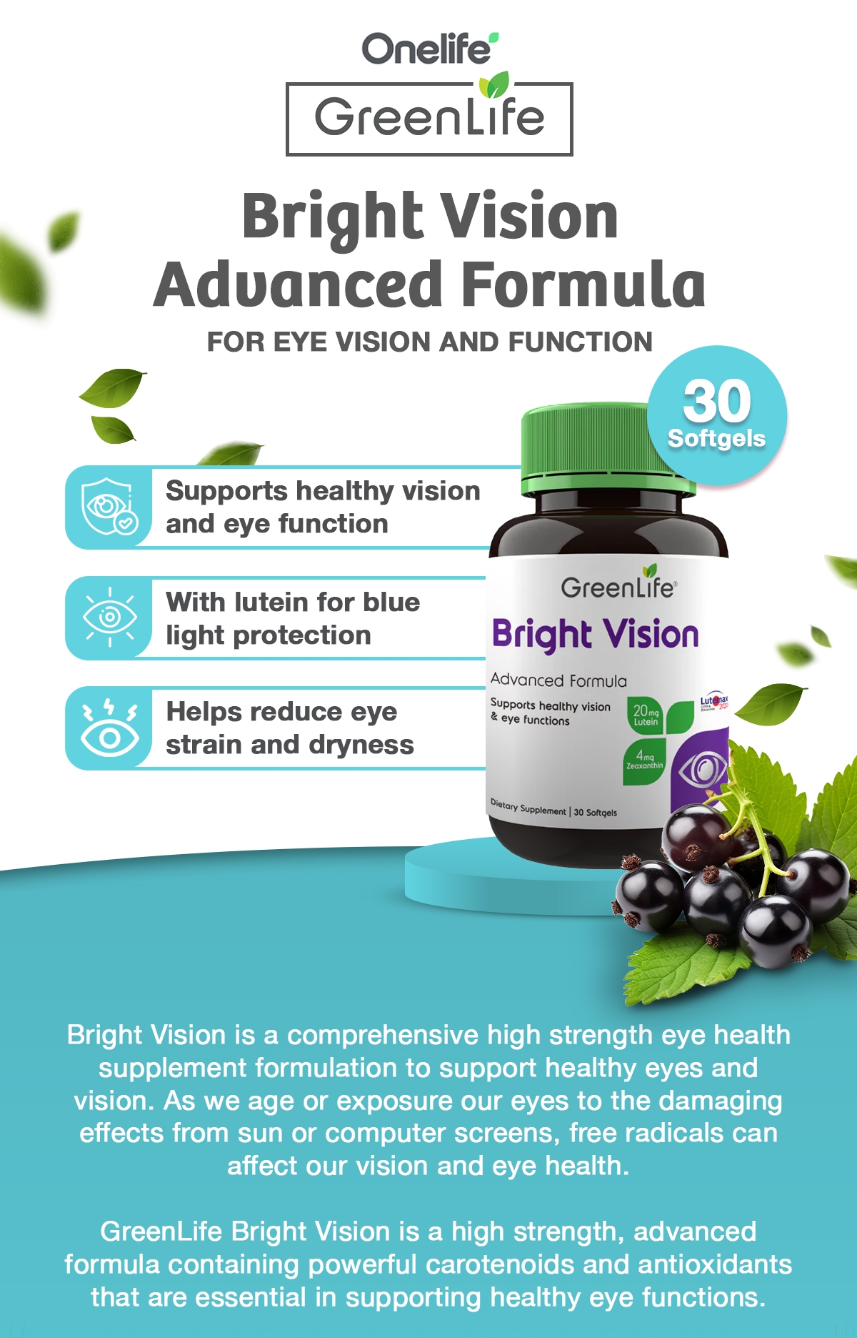 GreenLife Bright Vision Advanced Formula 20mg Lutein 30 Softgels (Halal Certified Gelatin) - For ...