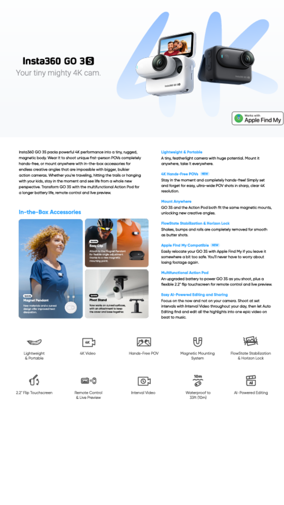 Insta360 GO3S Tiny 4K Camera/Camera pod waterproof 10m/Gesture Control ...