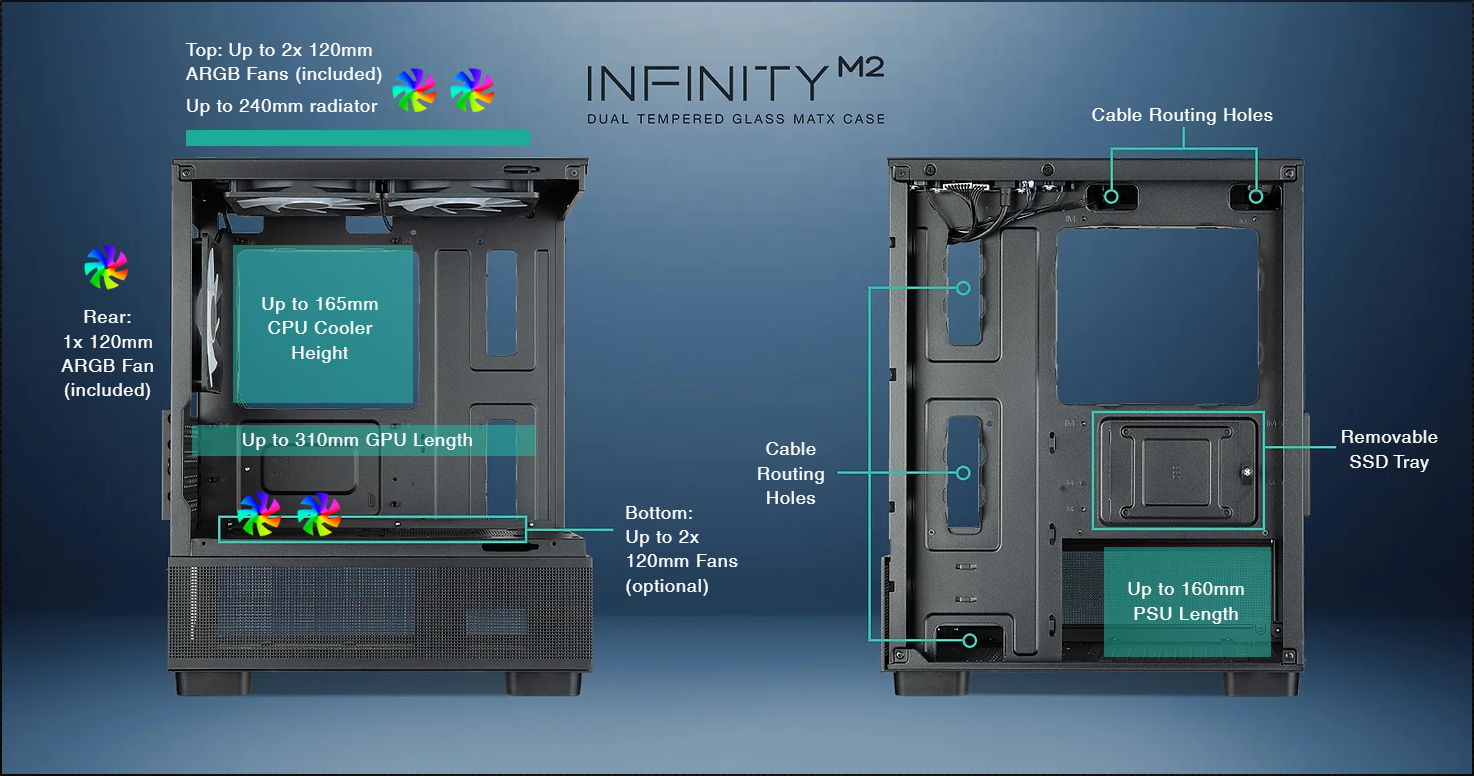 TECWARE INFINITY M2 ARGB OMNI LINK DUAL TEMPERED GLASS MATX CASE - 3x ...