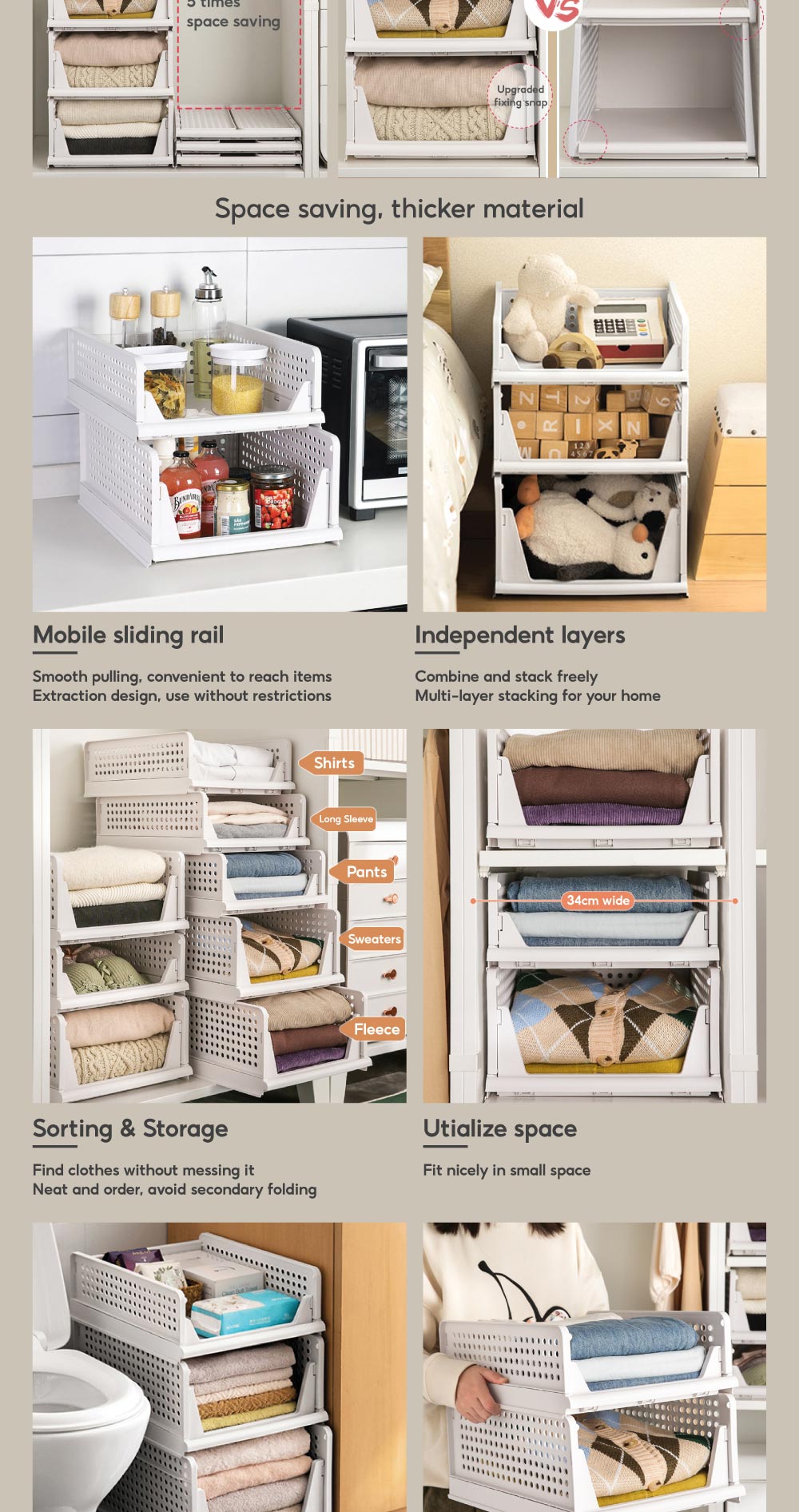 Stackable Foldable Storage Drawer Storage Box Stackable Organizer ...