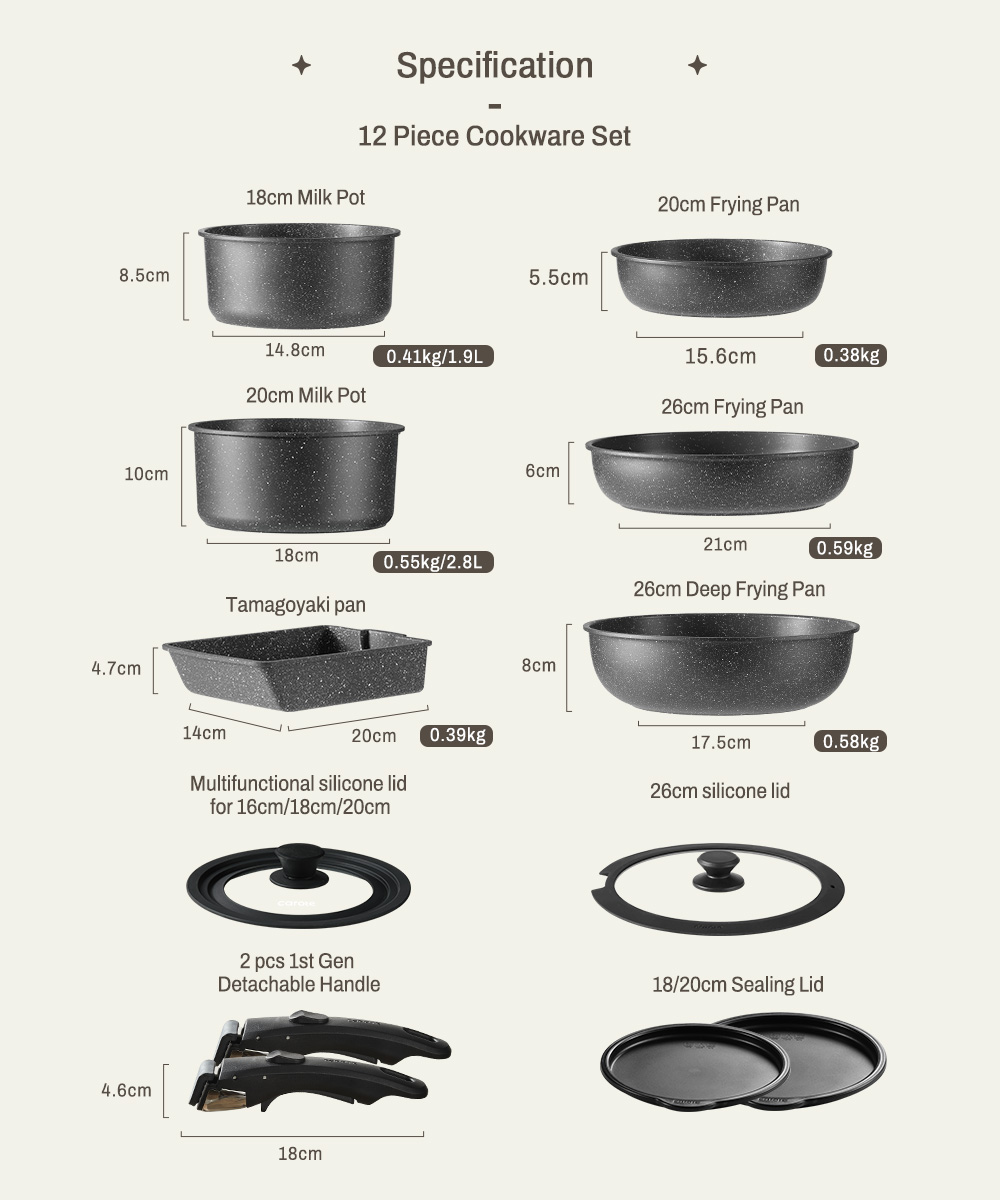 CAROTE Non-Stick Cookware Set 7/9/12 Pcs Handle Detachable Marble ...