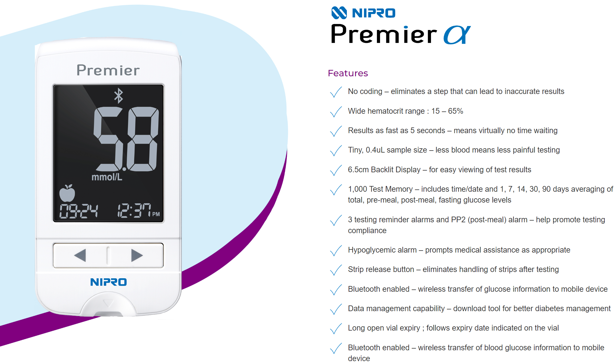 Nipro Premier Alpha Bluetooth Blood Glucose Meter (Meter Only) | Shopee ...