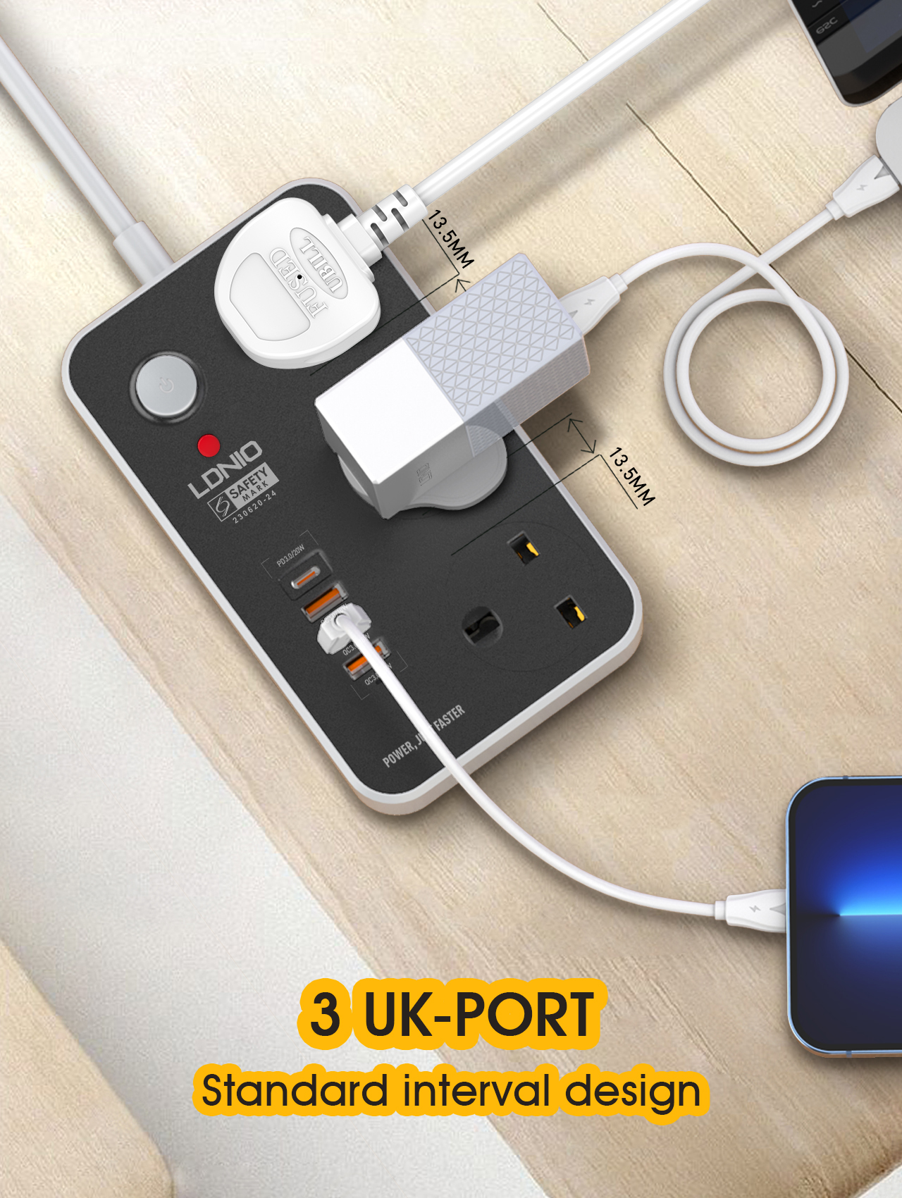 LDNIO Power Socket with UK 3 Pin +6 USB Fast Charger 250V/2500W/10A ...