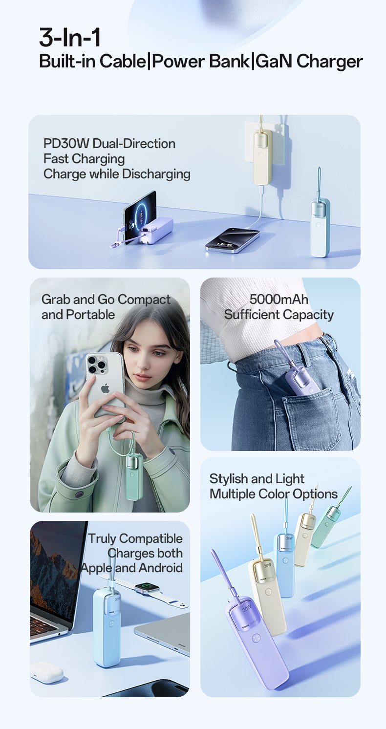 Rock 2-in-1 Portable Powerbank 5000mAh with GaN PD 20W / PD 30W Wall ...