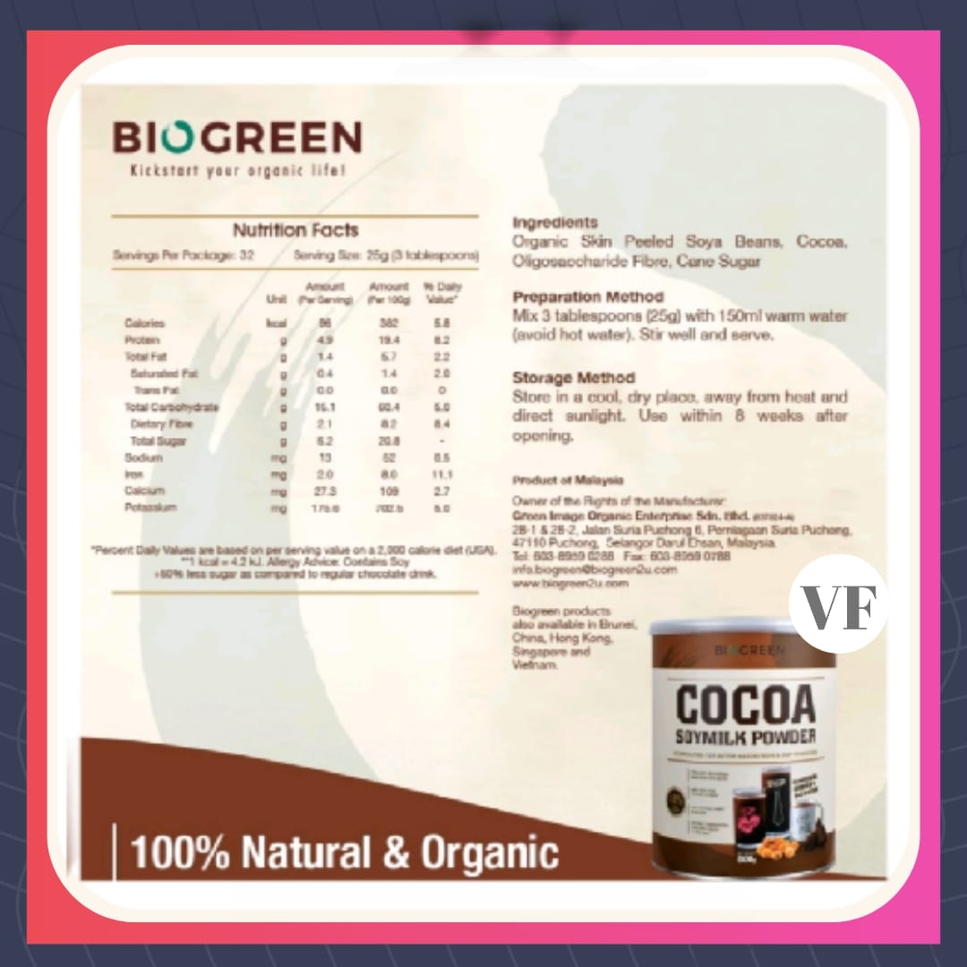 BIOGREEN Cocoa Soymilk Powder, O'Soy Plus Organic Soymilk Powder Low Cane Sugar & No Cane Sugar ...