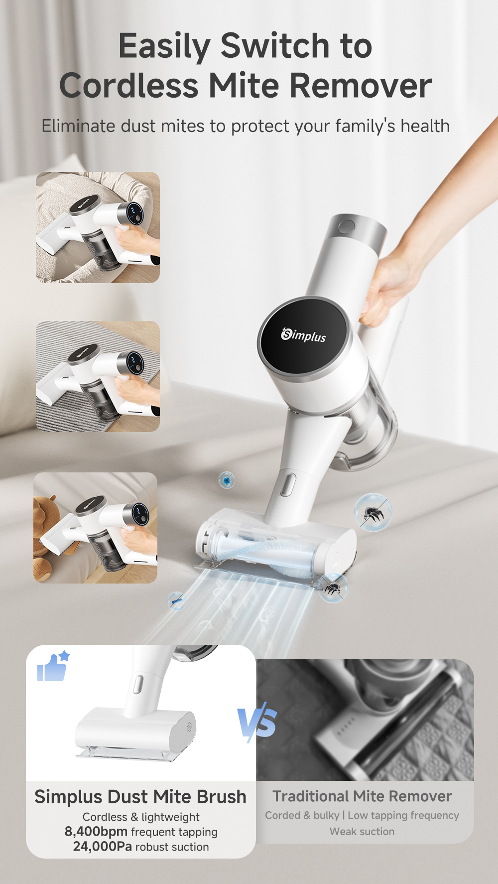 Simplus Vacuum Cleaner 24000Pa Dust Mite Remover Suction 100000rpm ...