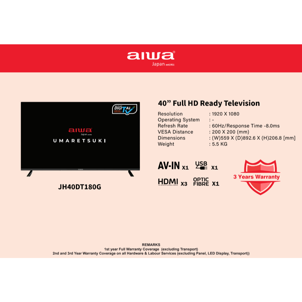 AIWA JH40DT180G 40 INCH FHD LED TV - 3 YEARS MANUFACTURER WARRANTY ...
