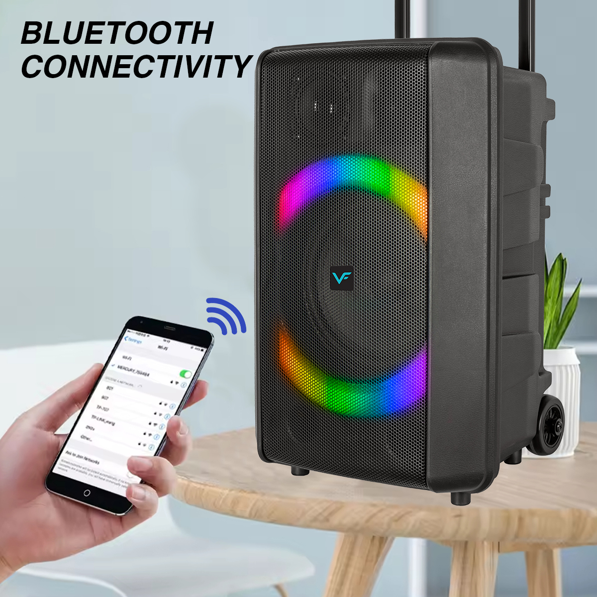 VINNFIER TANGO 600 WMV Portable Trolley Bluetooth Speaker RGB Lights, with 2 Wireless Microphone ...