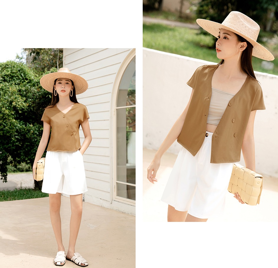 Weekend X Ob Design Women Casual Solid Cropped V-Neck Diagonal Button ...