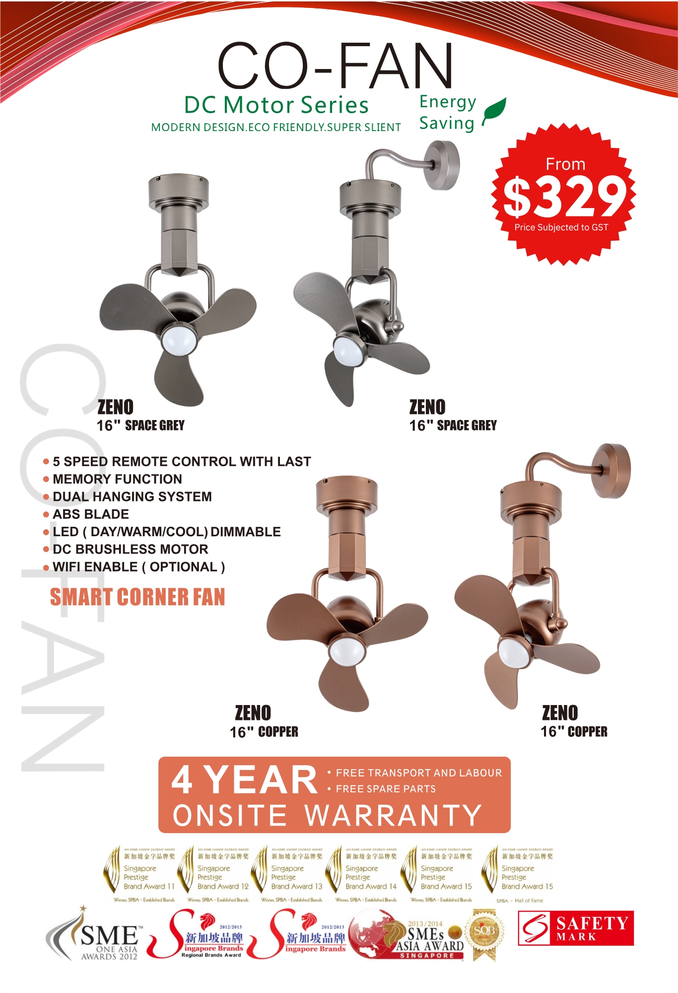 Fanco Co-Fan Zeno 16 Inch Dual Mounting Corner Ceiling Fan with LED and ...