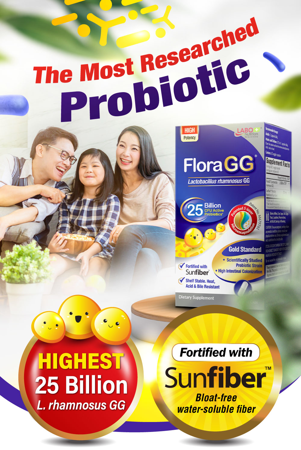 LABO Nutrition FloraGG 25 Billion CFU Probiotics with Sunfiber for ...