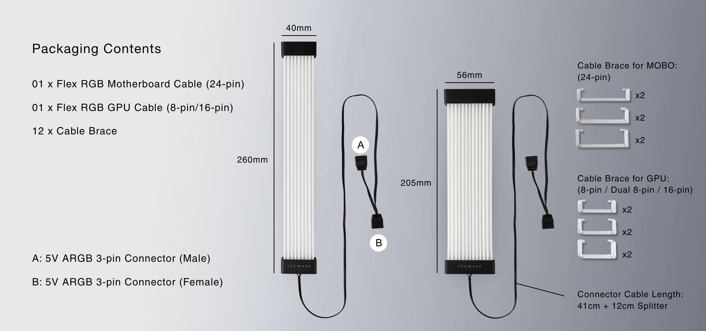 Tecware FLEX RGB ARGB PSU Sleeved Extension Cables (Black / White ...