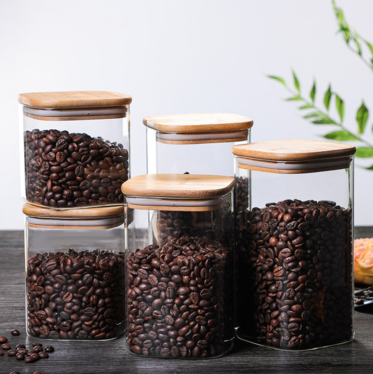 Square Shape Glass Coffee Bean Jar Food Storage Container with Bamboo ...