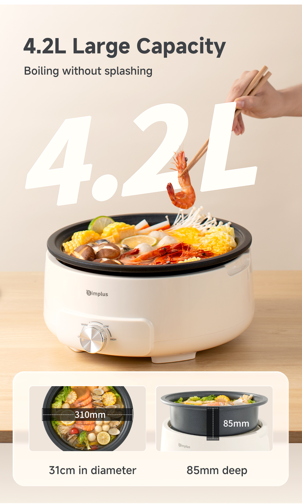Simplus 4.2L Electric Hot Pot | 1400W High Power | 3 Temperature Levels ...